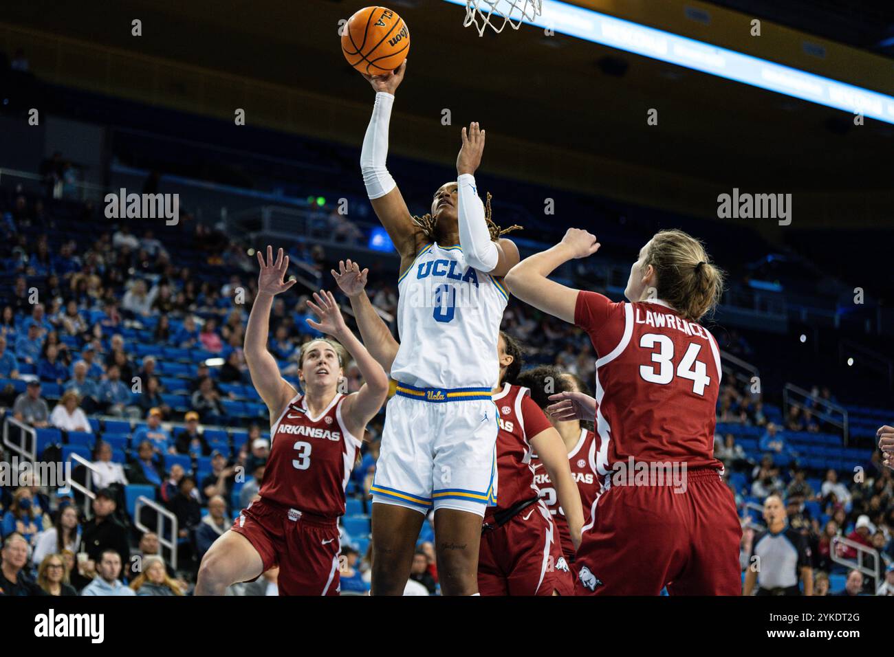 UCLA Bruins forward Janiah Barker (0) scores against Arkansas ...