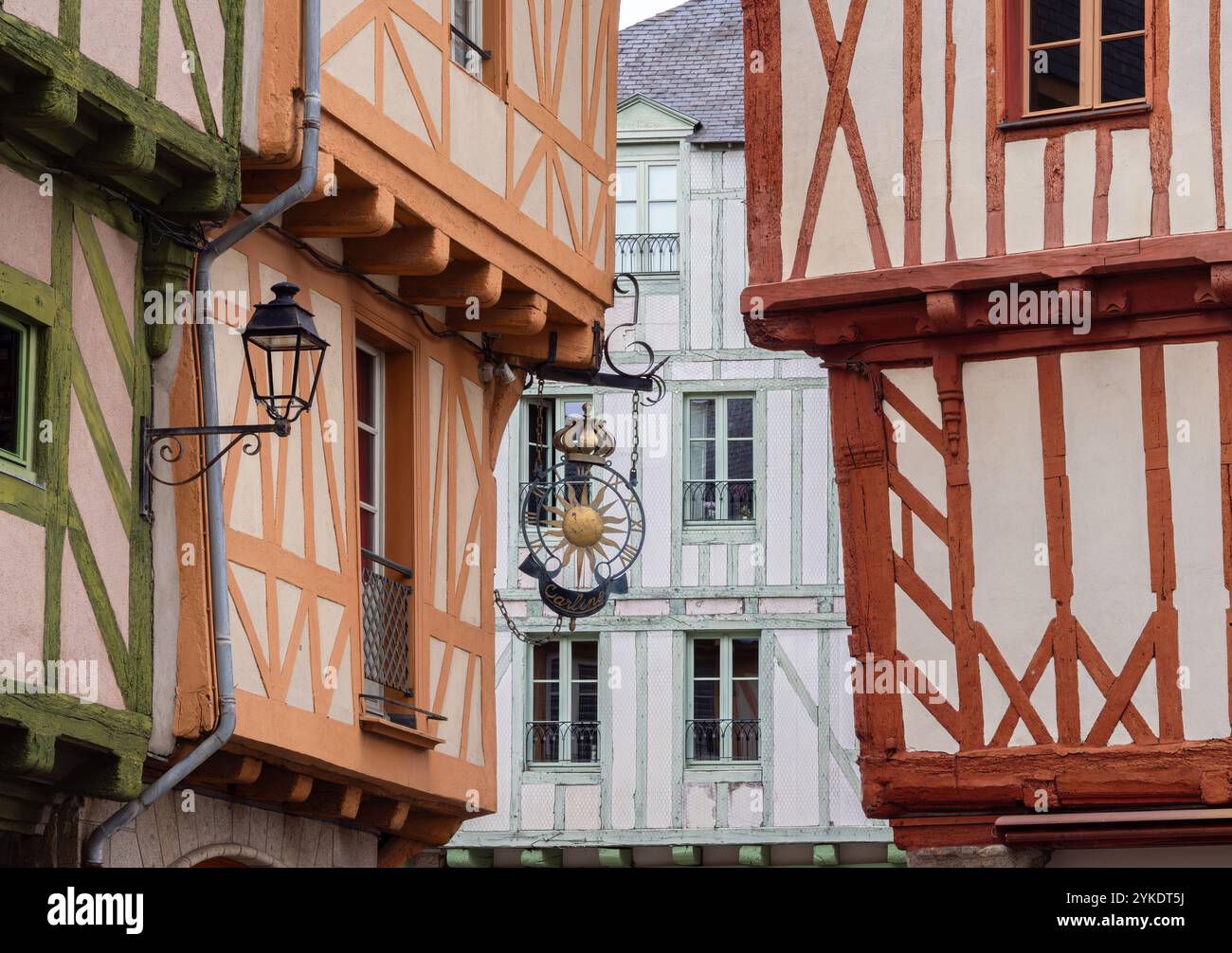 Vannes, France - July 27, 2024: Colorful half-timbered buildings with ...