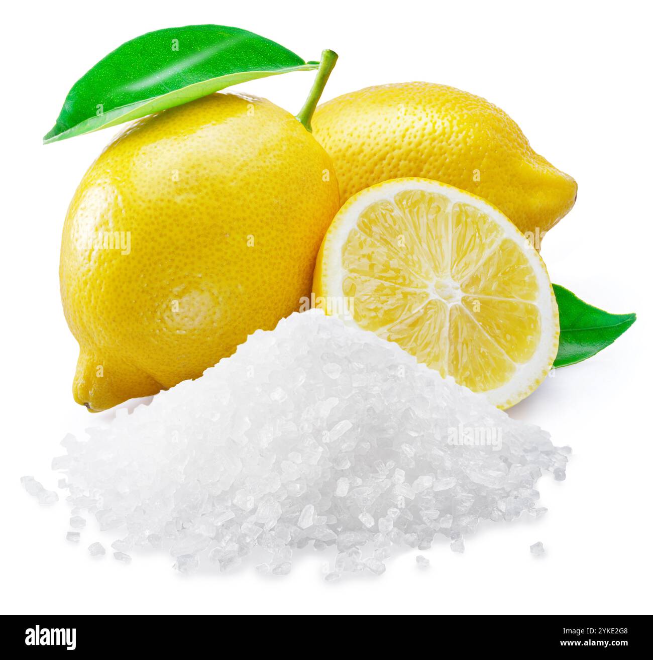 Citric acid powder with ripe lemon fruits isolated on white background ...