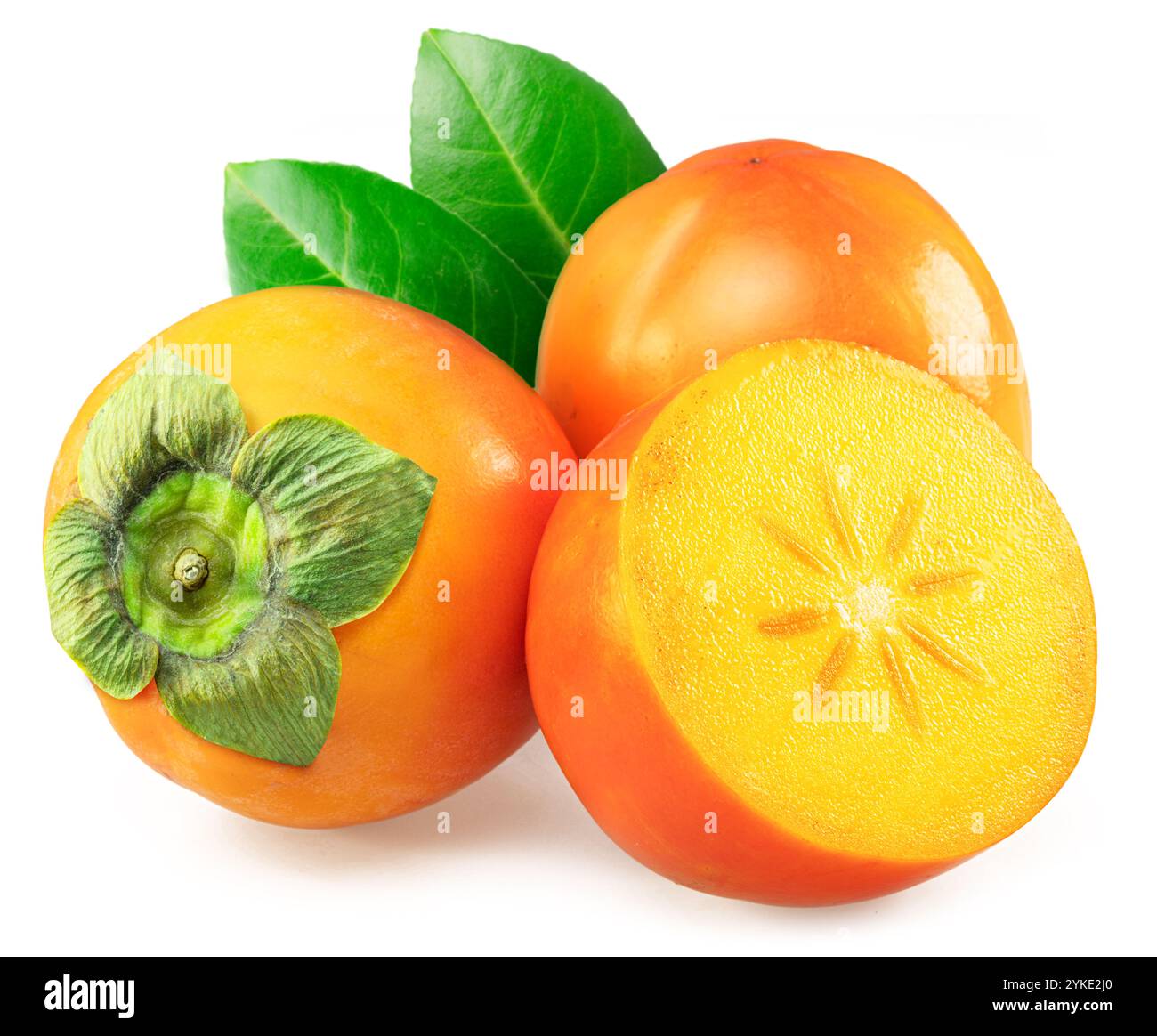 Ripe persimmon fruits or kaki fruits with leaves isolated on white ...