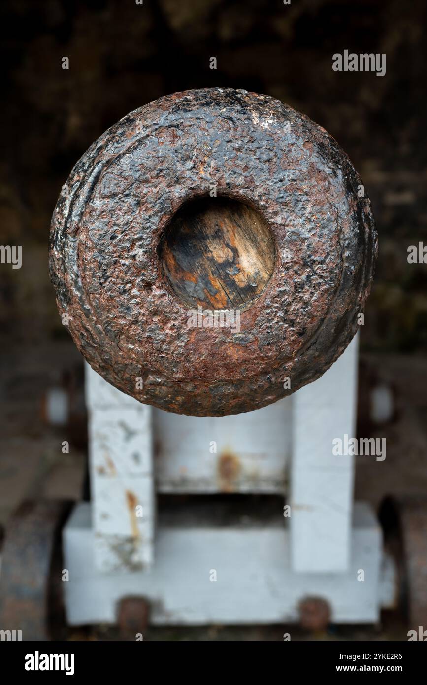 Looking down the barrel of an old cannon with just the end in focus ...