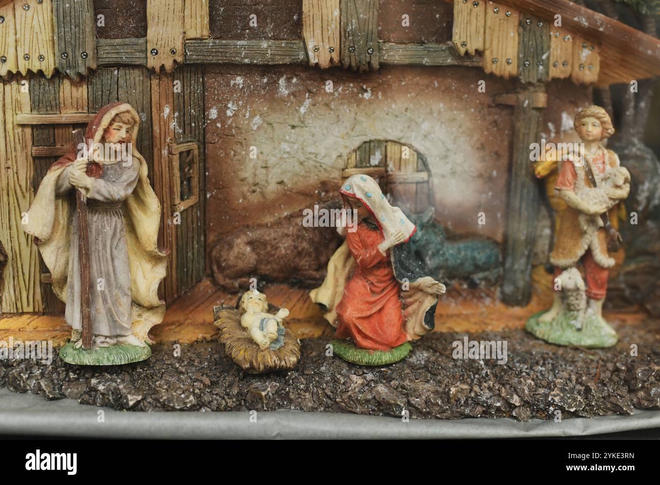 Christmas nativity scene Creche with Joseph Mary, Jesus and magi Stock ...