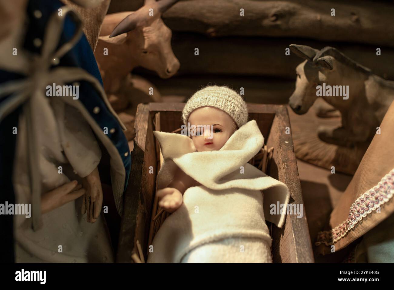 Baby Jesus laying in a cradle Stock Photo - Alamy