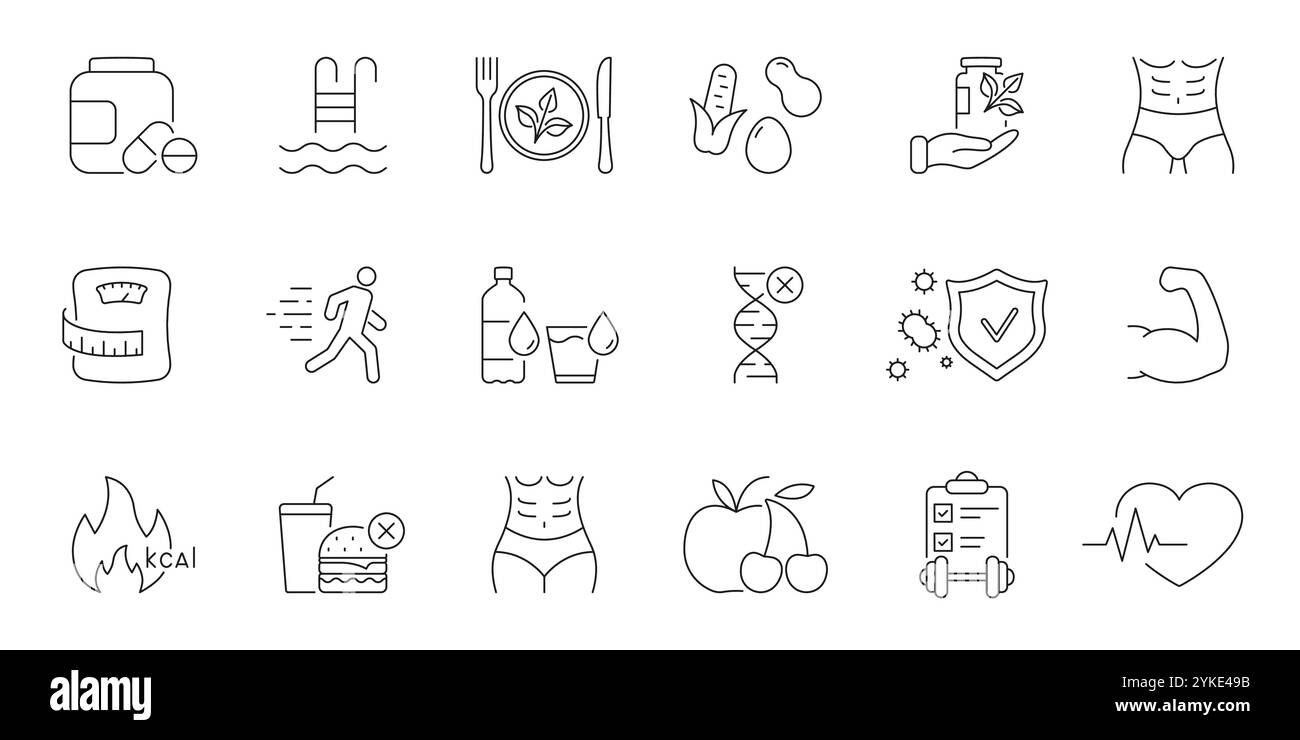Immune Support, Nutrition, Exercise Line Icon Set for Healthy Living ...