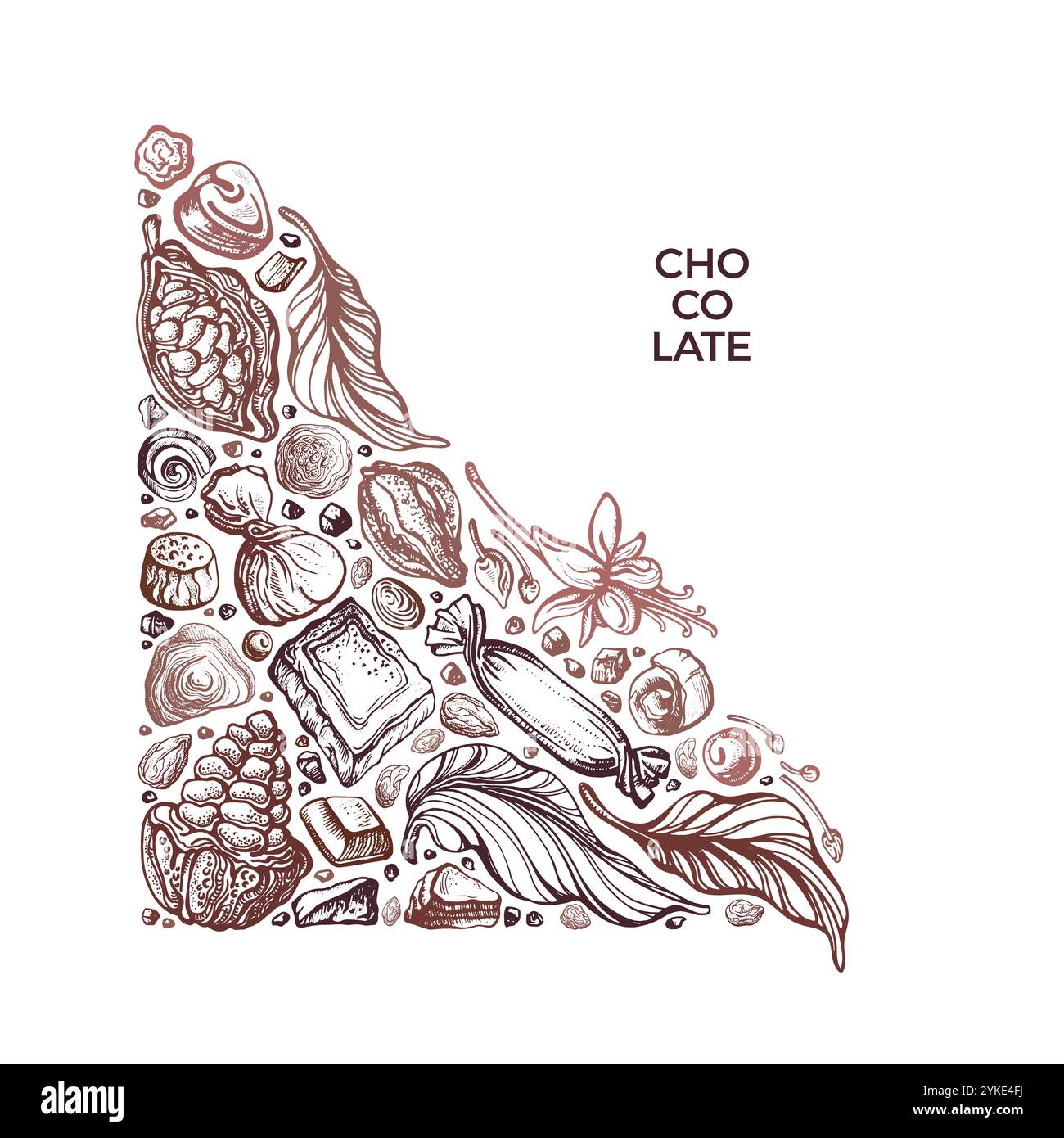 Chocolate sketch background. Cocoa and different sweets with nuts and ...