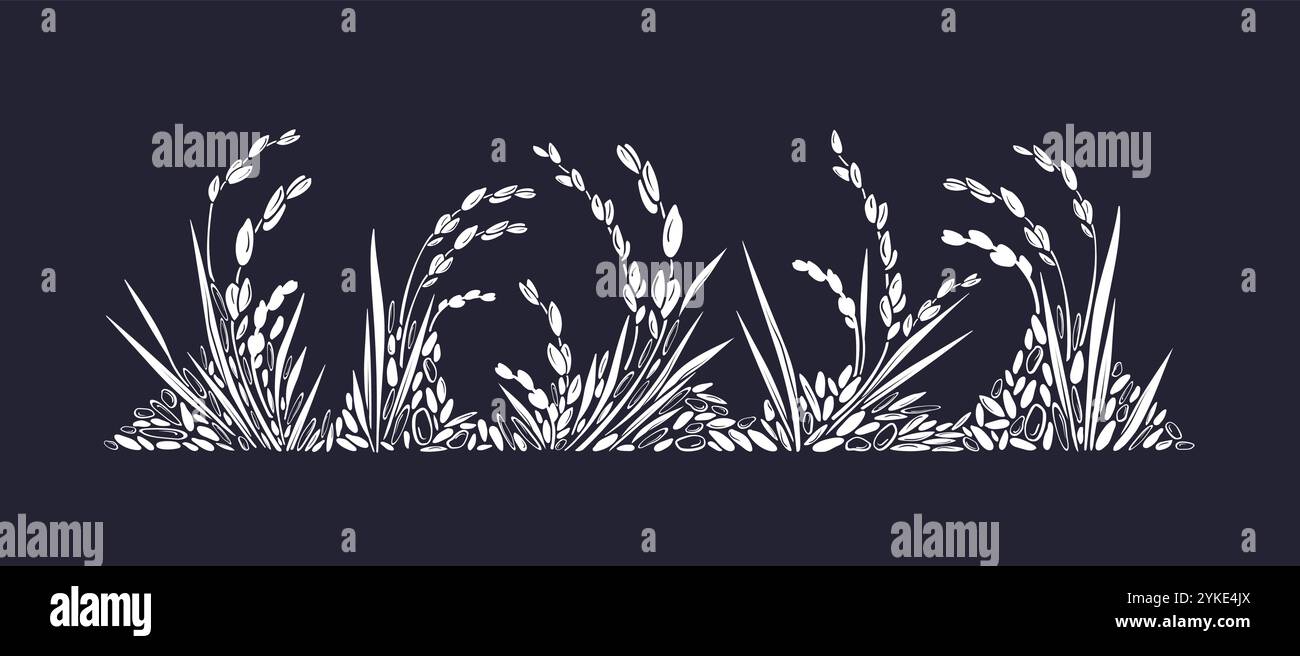 Rice field, mix grains. Vector texture drawing plant on black ...