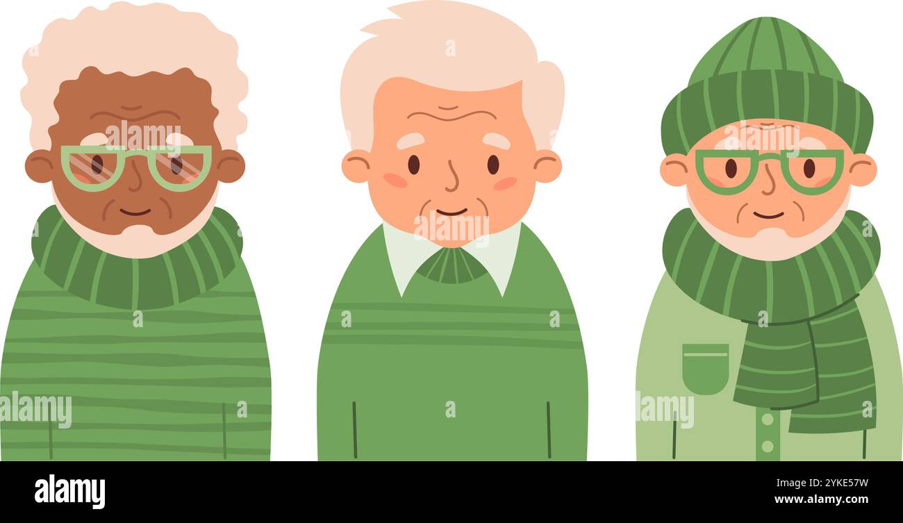 Happy gray-haired elderly men in warm knitted clothes collection ...