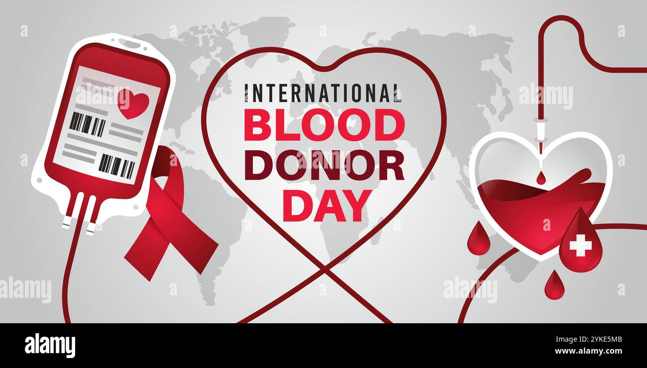World blood donation day. Medical charity symbols, donor elements, red ...