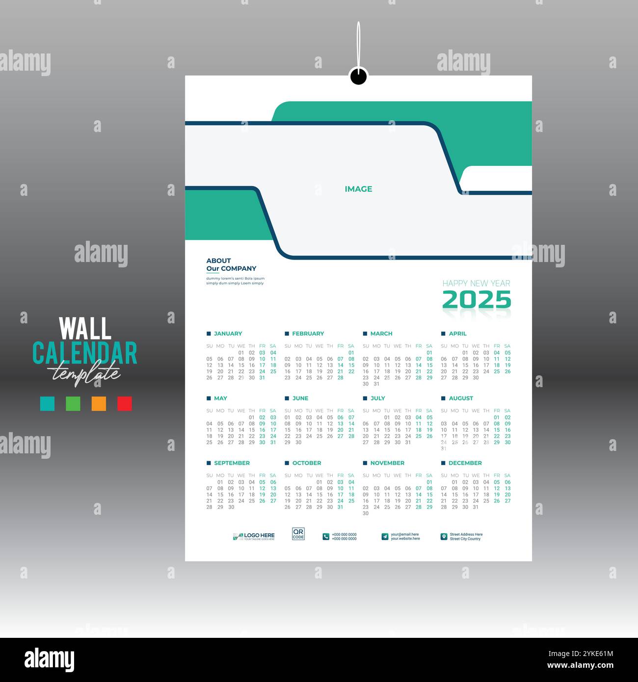 4 colored 12 month 2025 wall vector calendar design for any kind of use ...