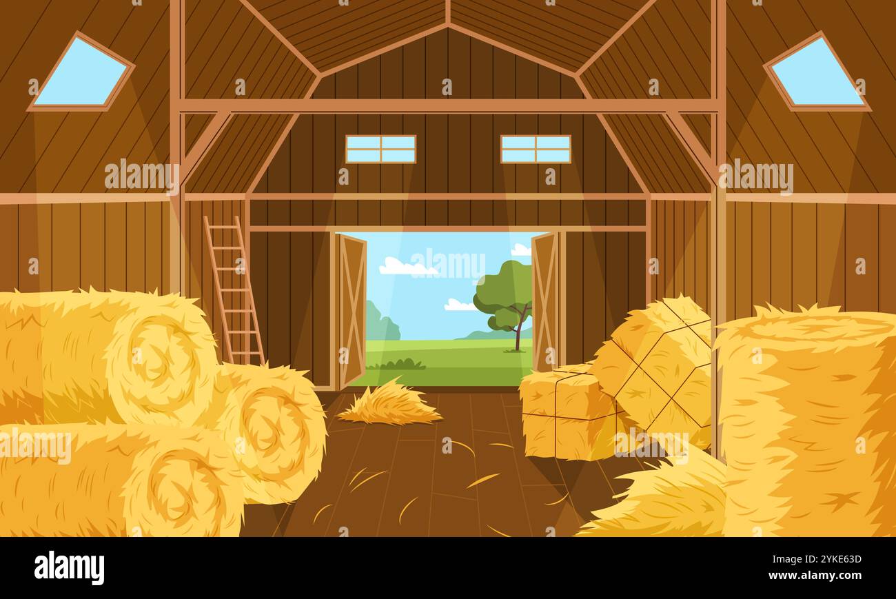 Agricultural landscape. Hay rolls in farmer field, dry grass for ...