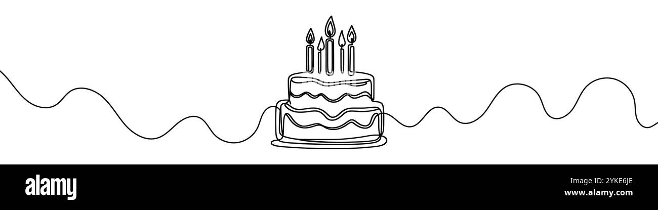 One continuous line illustration of a birthday cake, isolated on white ...
