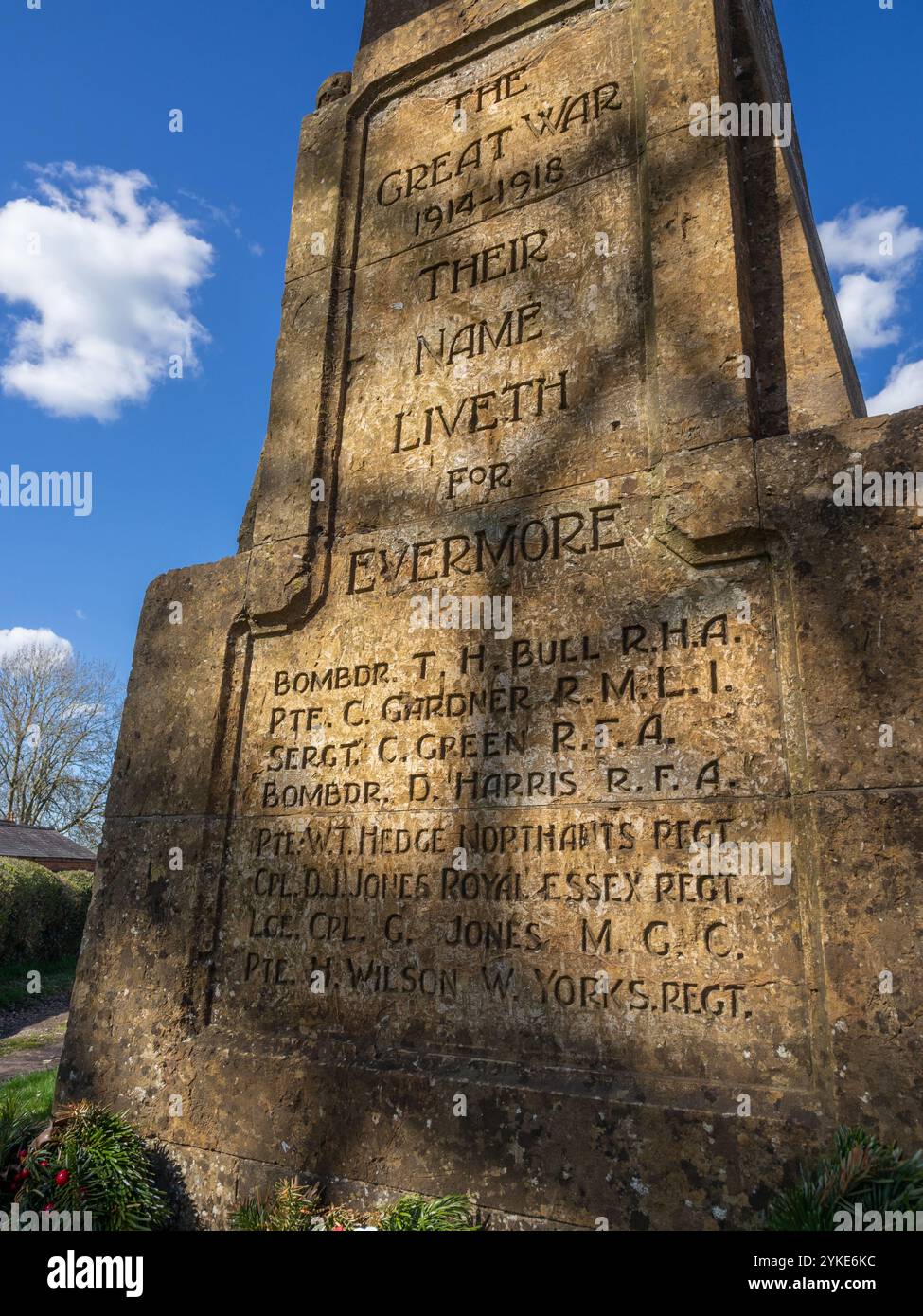 Close up of the inscriptions on a WW1 memorial, Lower Shuckburgh ...