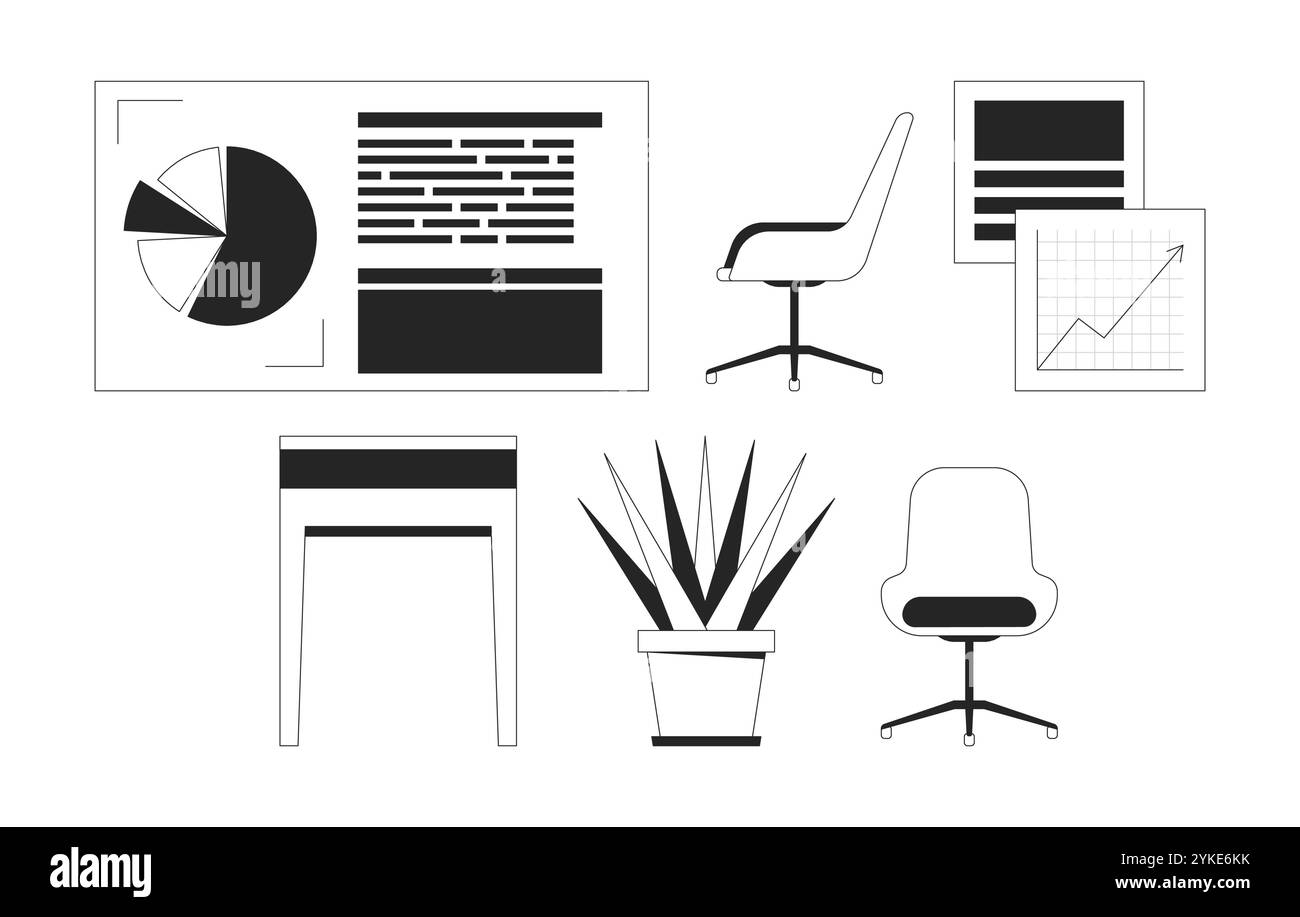 Modern business company office supplies black and white 2D line objects set Stock Vector Image ...