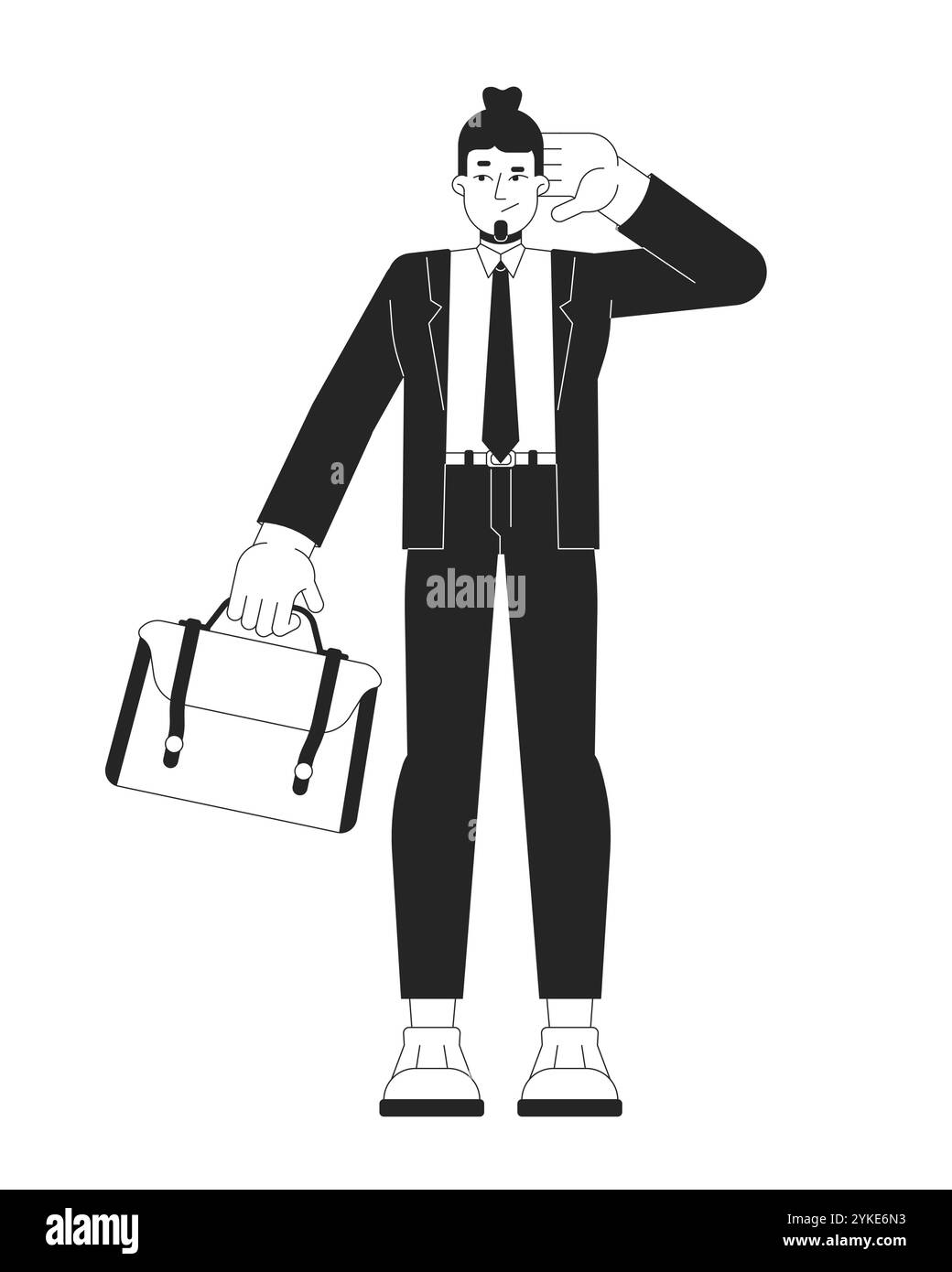 Confused caucasian businessman with briefcase black and white 2D line ...