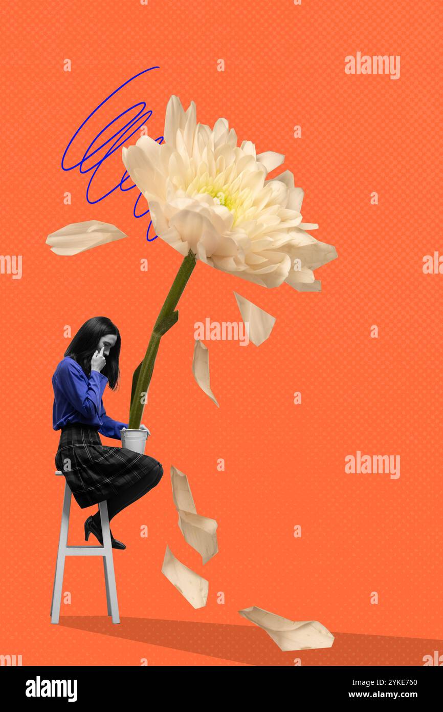 Woman sitting with withering flower in hand, symbolizing sadness, loss ...