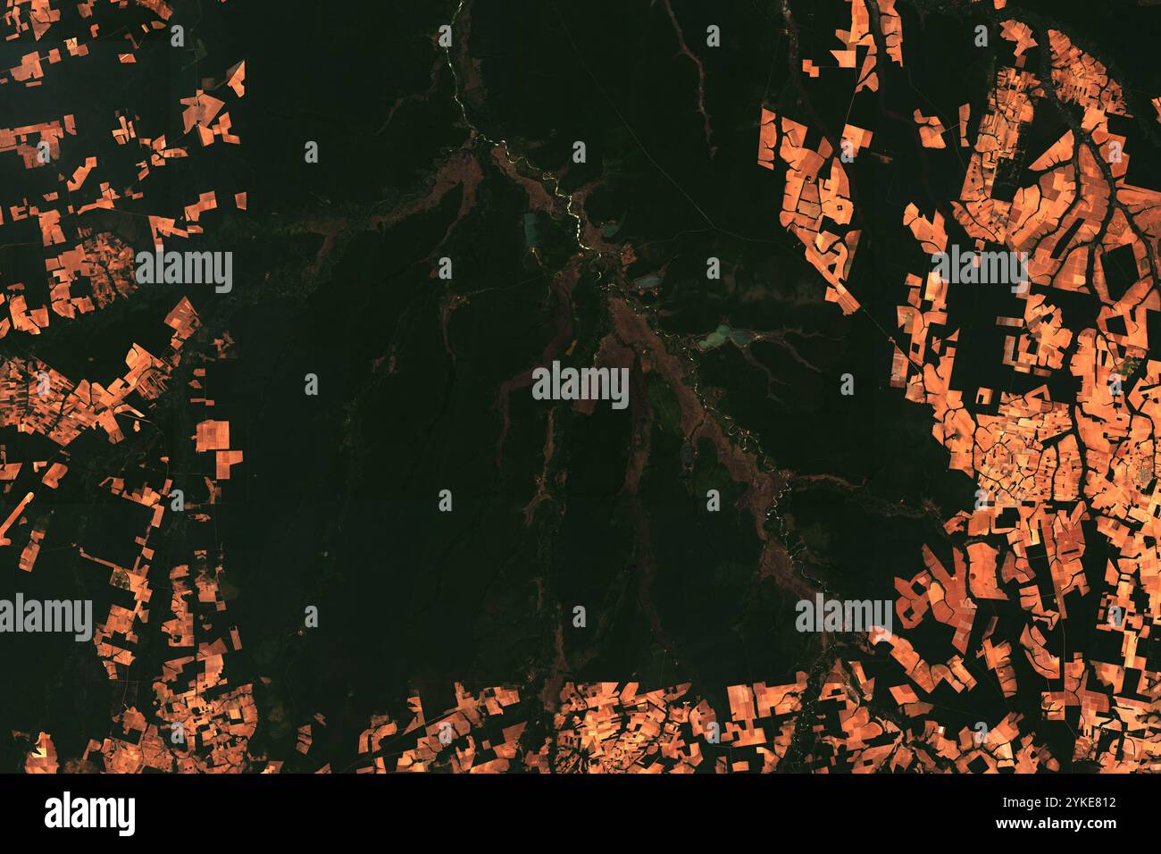 Deforestation in Brazil near Xingu River, Mato Grosso seen from space ...