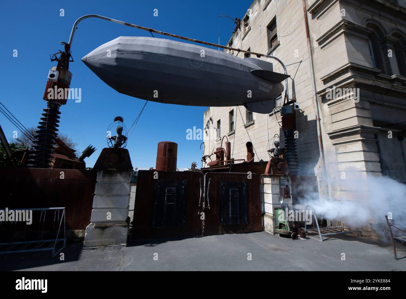 Mock airship with steam erupting, Steampunk HQ, Oamaru, North Otago ...