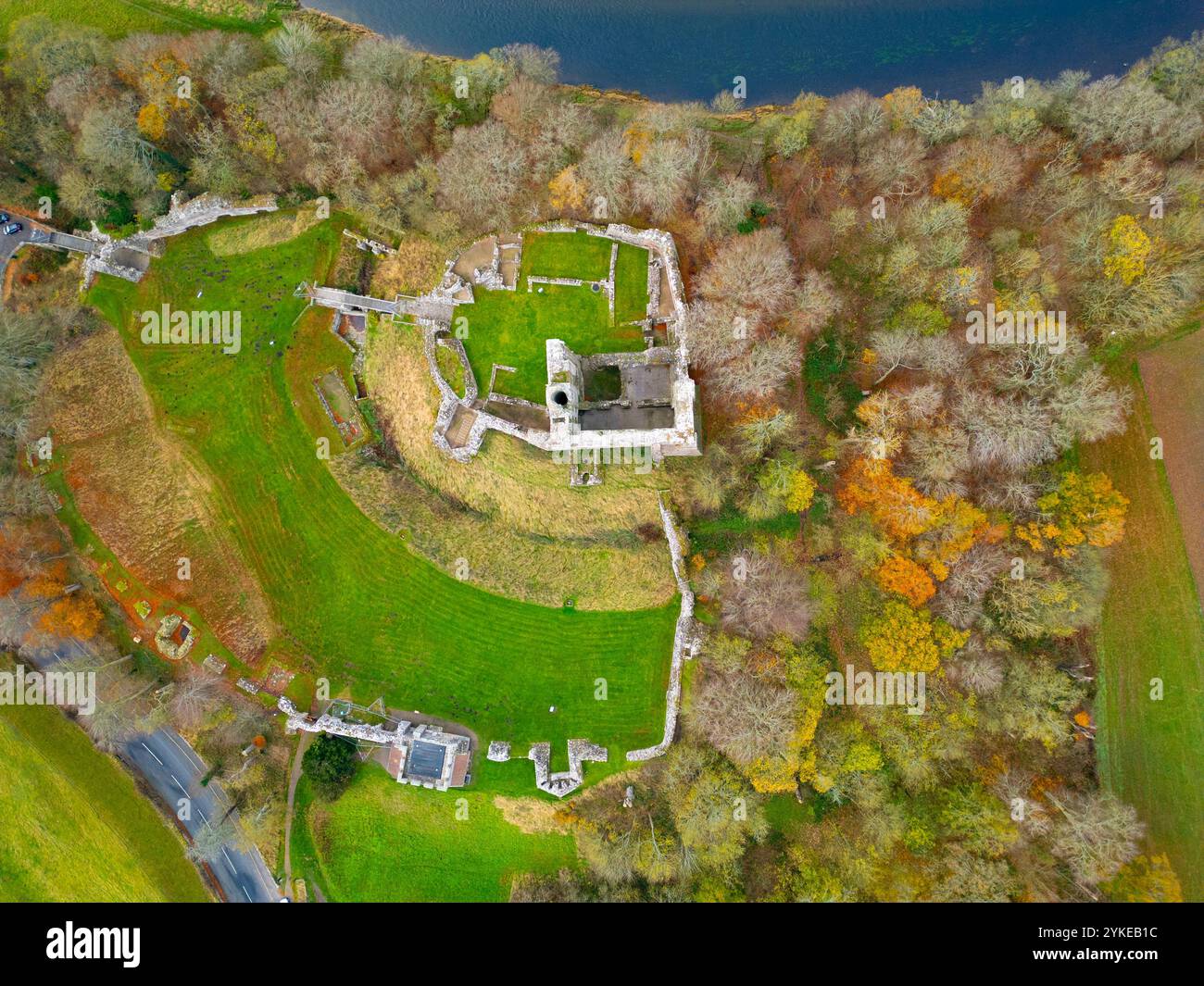 Aerial view of Norham Castle beside River Tweed on Ango-Scottish border ...
