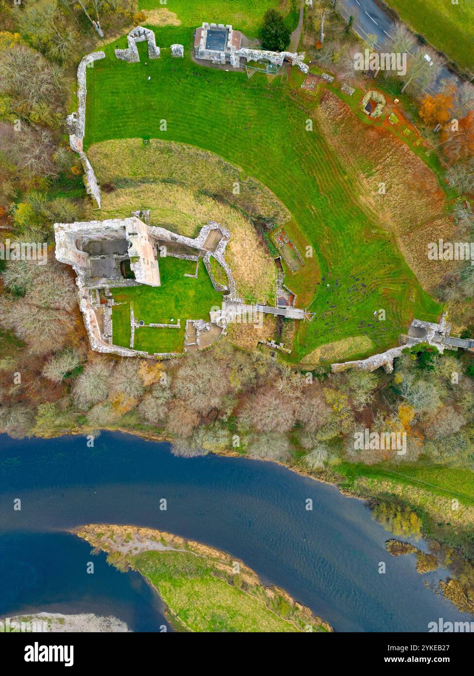 Aerial view of Norham Castle beside River Tweed on Ango-Scottish border ...