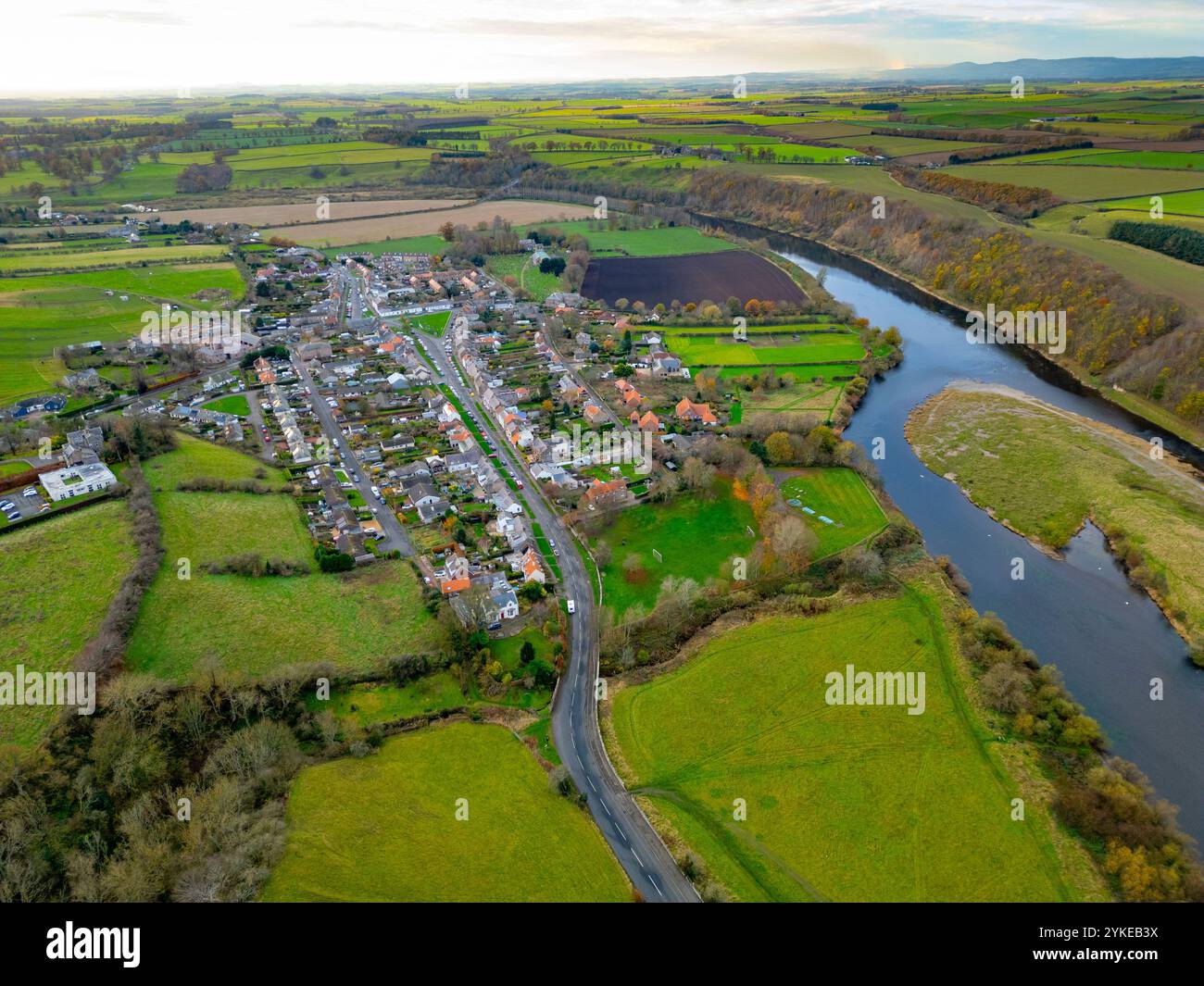 Aerial view of village of Norham beside River Tweed on Ango-Scottish ...