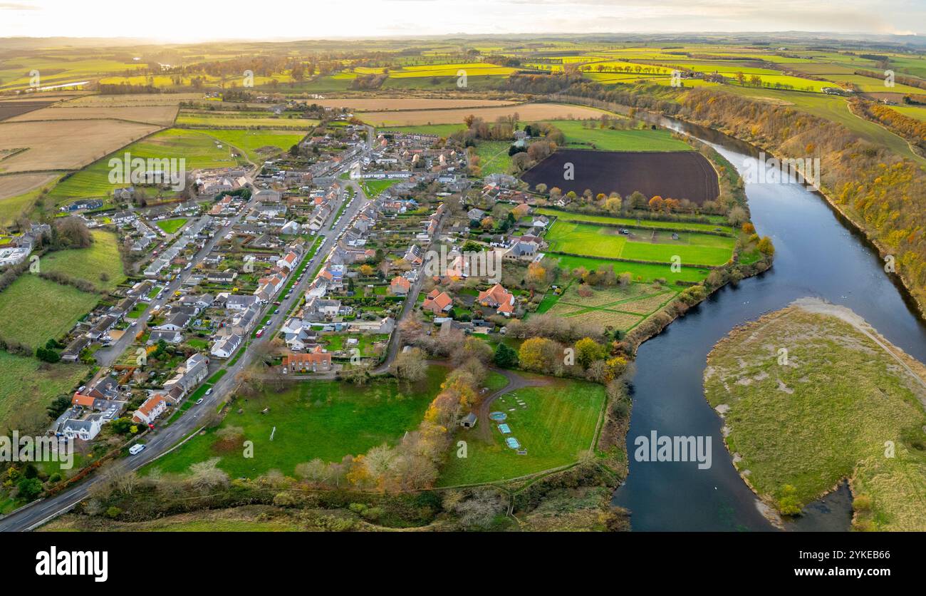 Aerial view of village of Norham beside River Tweed on Ango-Scottish ...