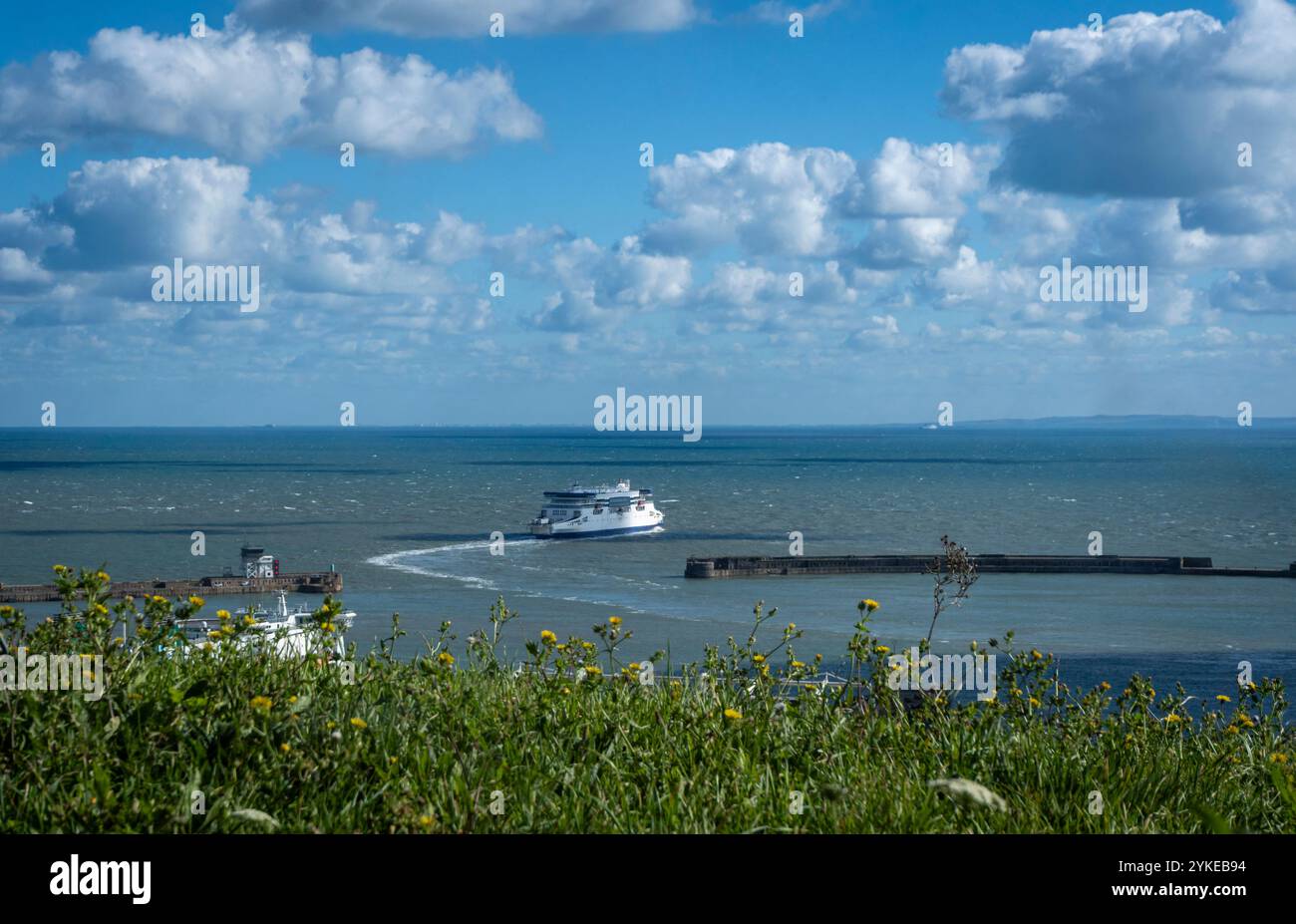 A ferry leaving the port of Dover, heading towards France, visible in ...