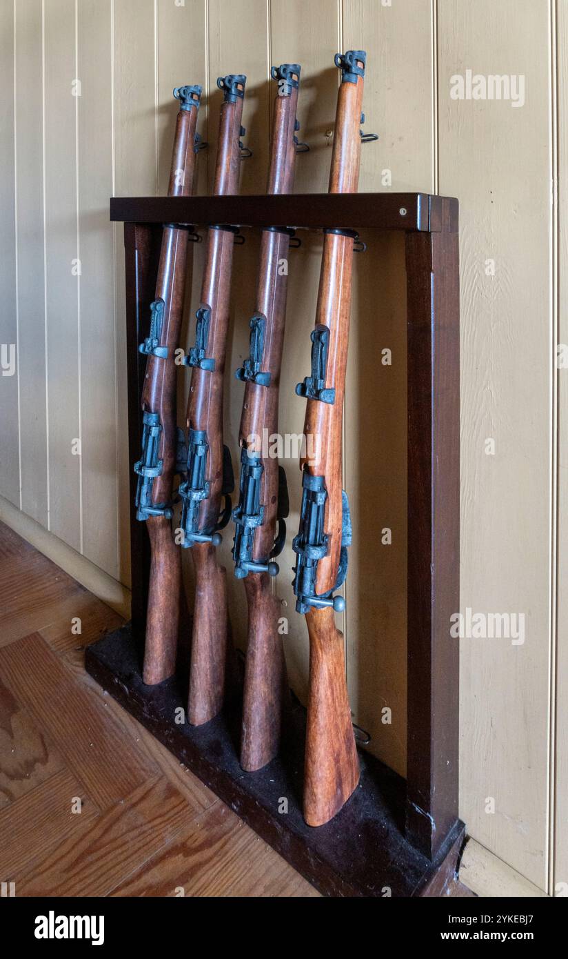 Four world war II rifles in a wooden display stand Stock Photo - Alamy