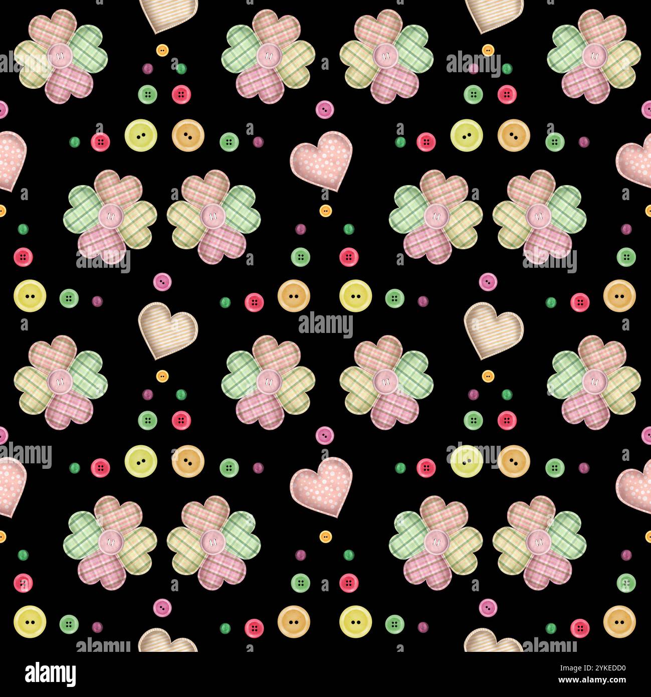 Seamless pattern with fabric lucky clover, buttons and beats. Sewing ...