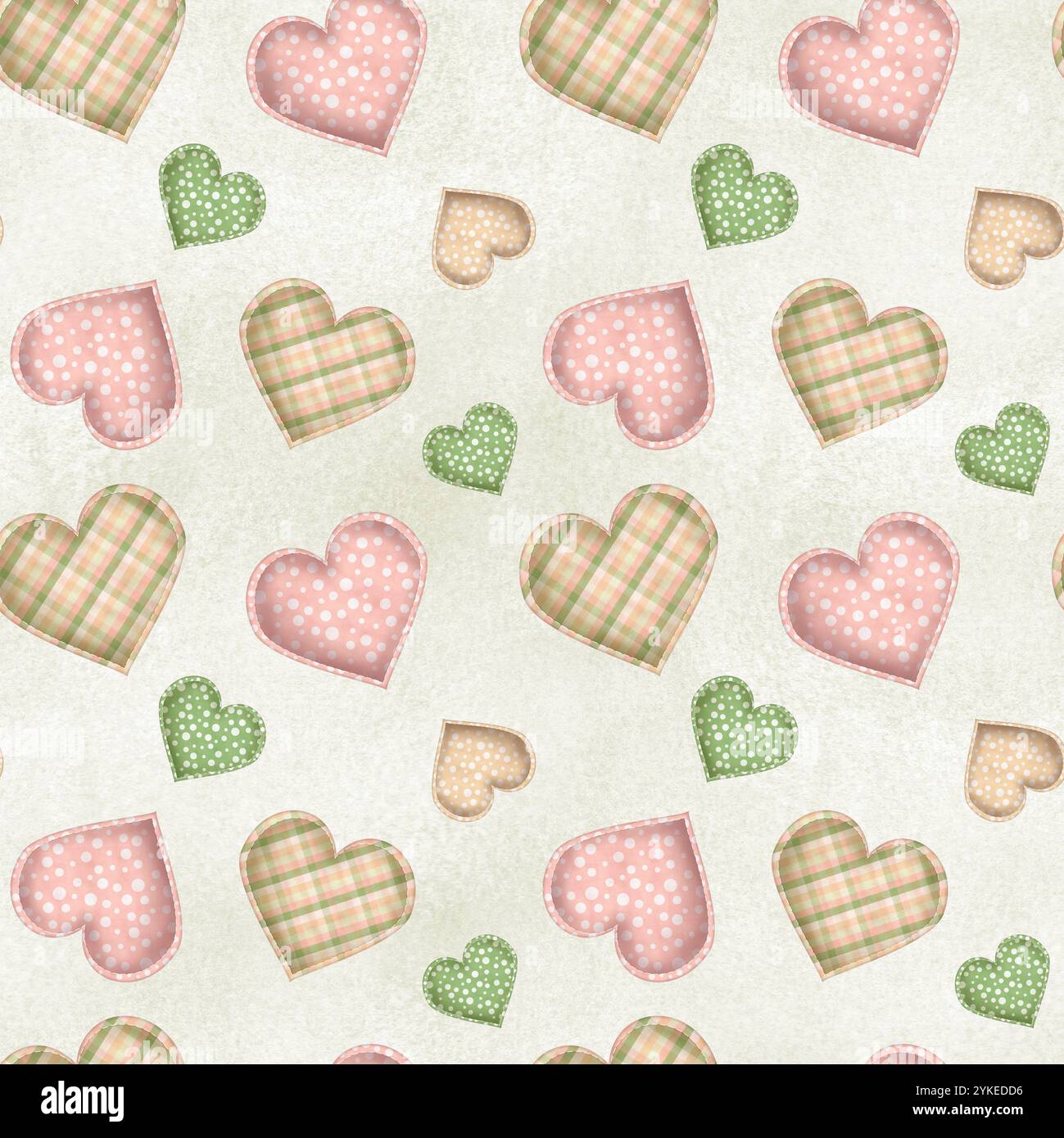 Seamless pattern with fabric hearts on green watercolor background ...