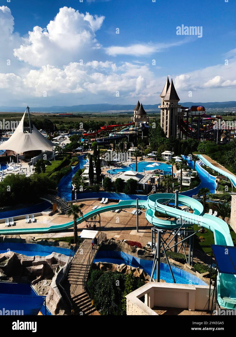 Nessebar, Bulgaria - June 17, 2021: Aerial view of a vibrant water park ...