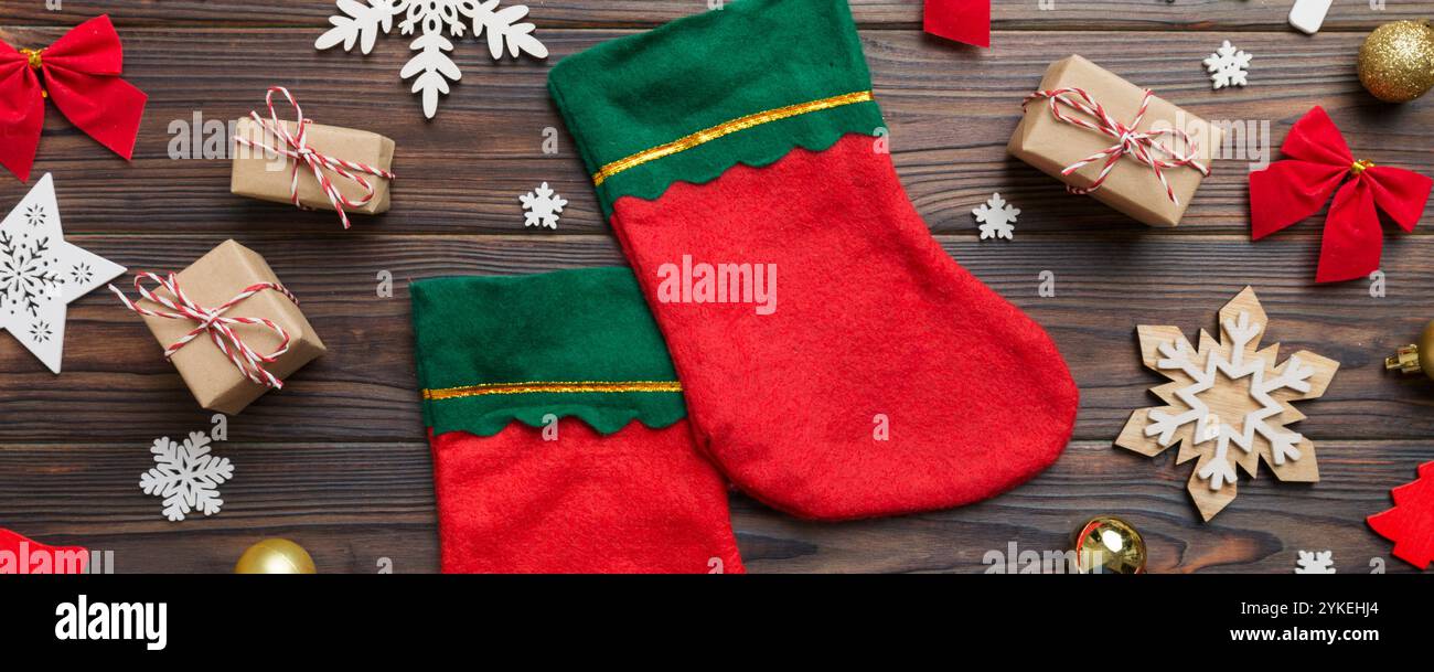 santa red sock top view on the color background with empty space ...