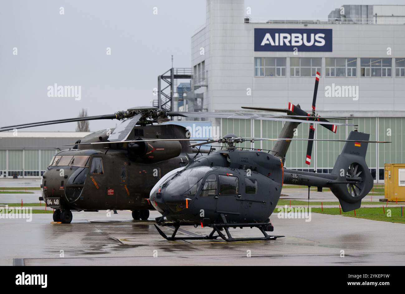 18 November 2024, Bavaria, Donauwörth: H145-M (r) and CH-53 helicopters ...