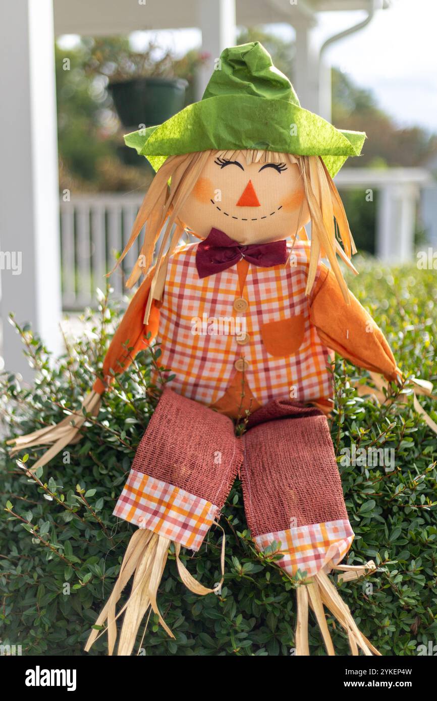 Scarecrow in orange and green nestled in a front yard bush Stock Photo ...