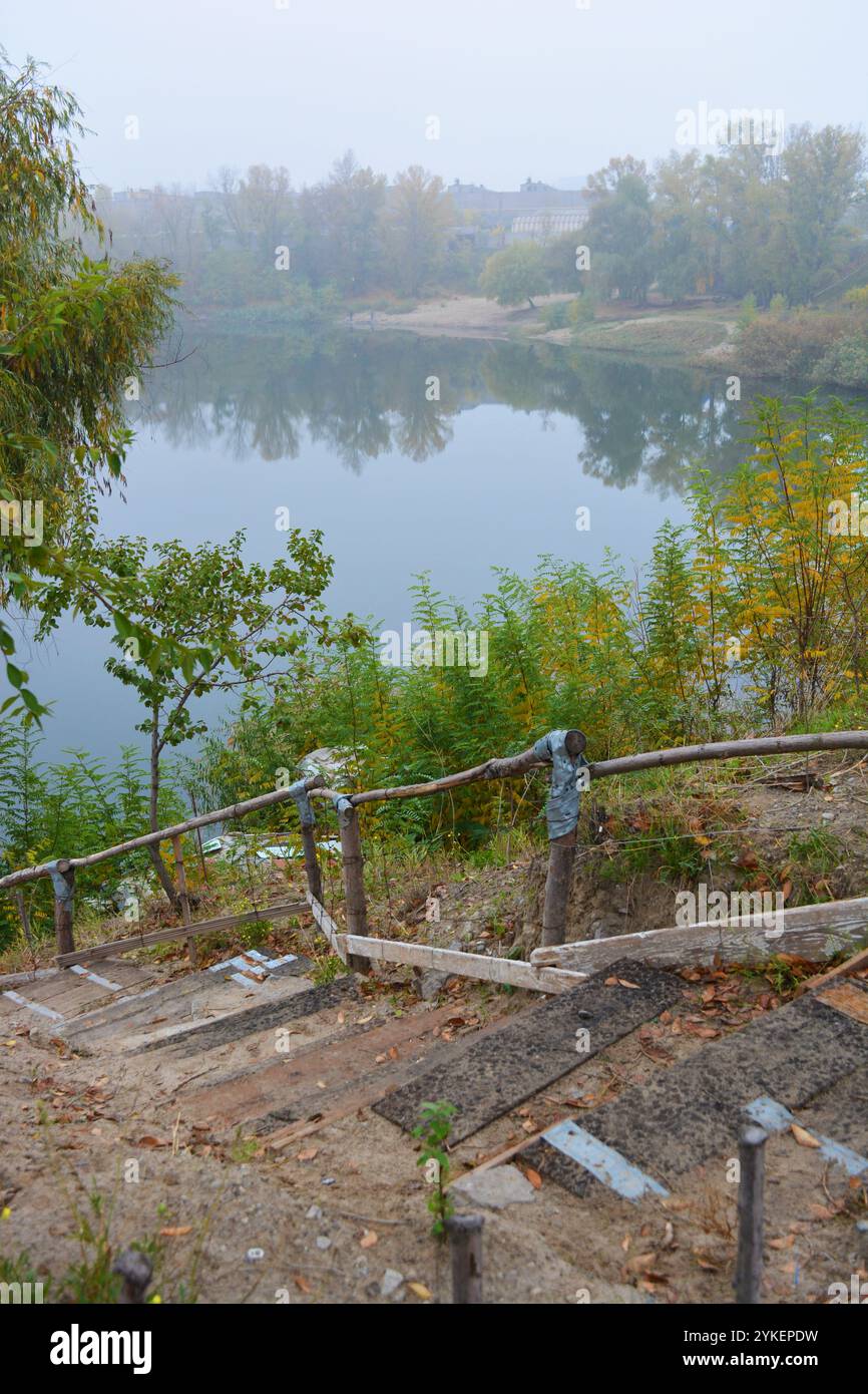 Very bright colorful landscape of a clean lake with green and yellow ...