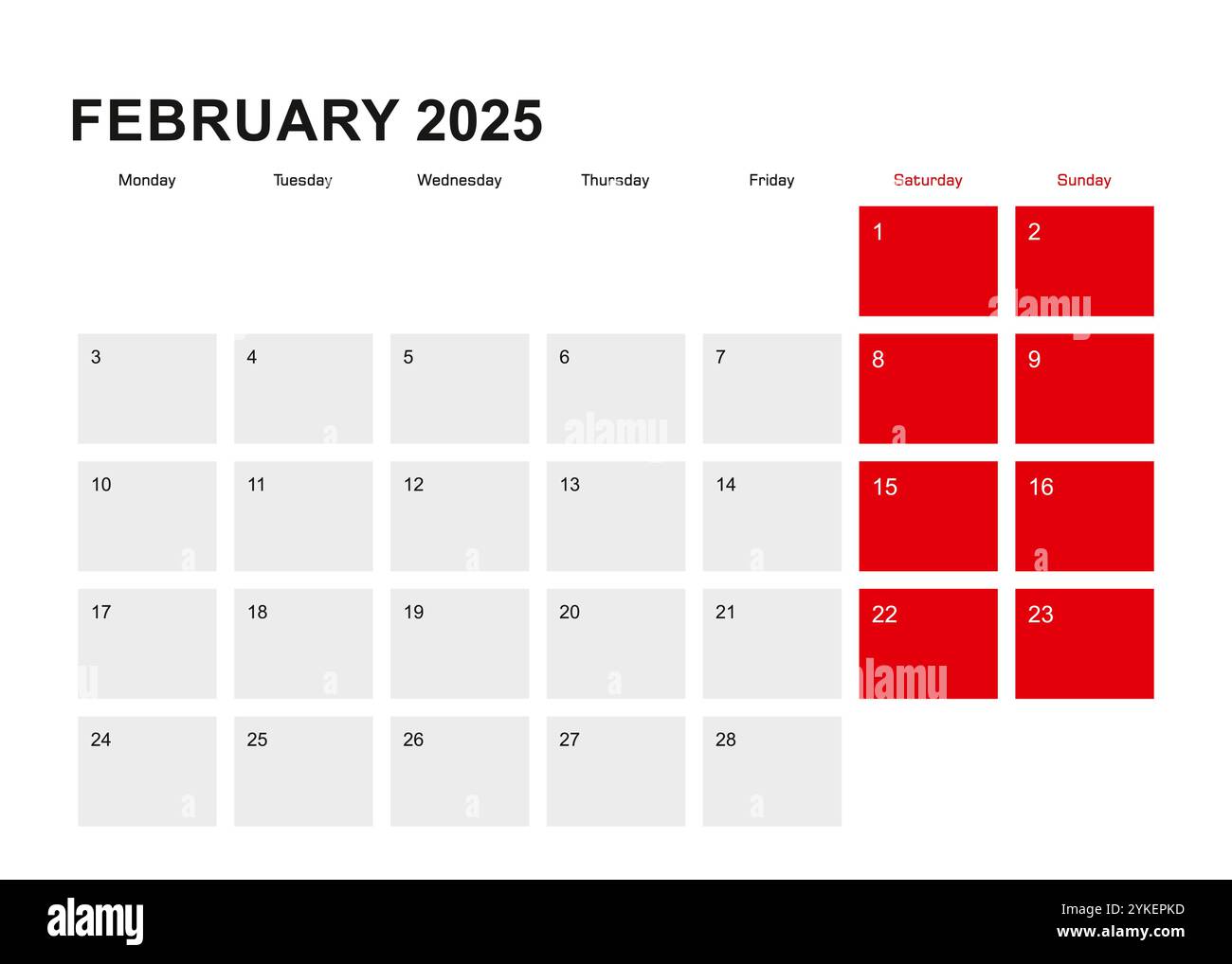 2025 February planner calendar design. Week starts from Monday. Vector ...