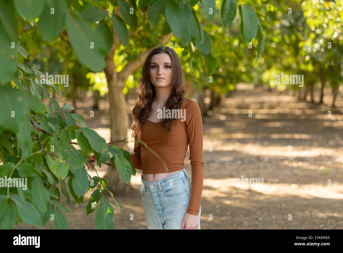 Woman standing near tree holding branch in an orchard Stock Photo - Alamy