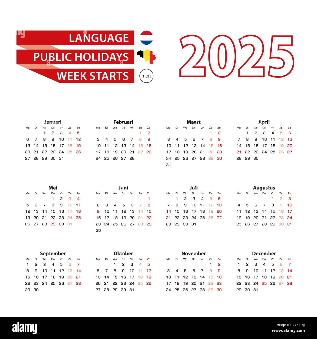 Calendar 2025 in Dutch language with public holidays the country of ...