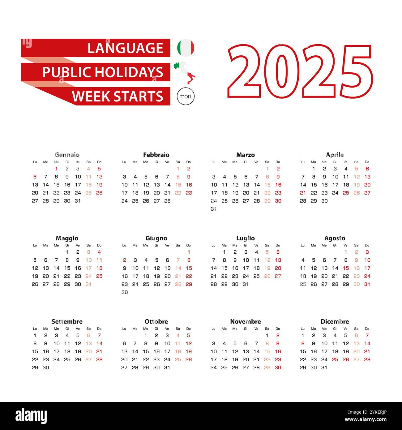 Calendar 2025 in Italian language with public holidays the country of ...