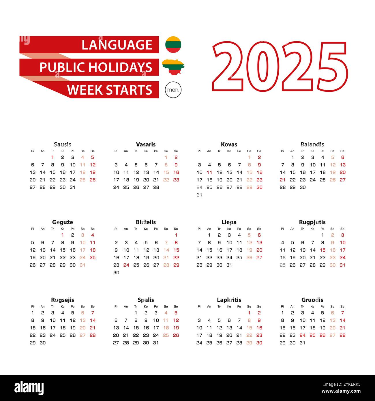 Calendar 2025 in Lithuanian language with public holidays the country ...