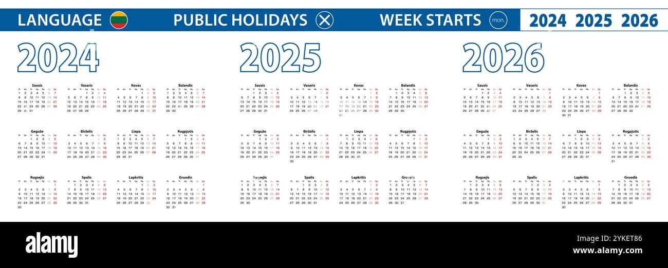 Simple calendar template in Lithuanian for 2024, 2025, 2026 years. Week ...