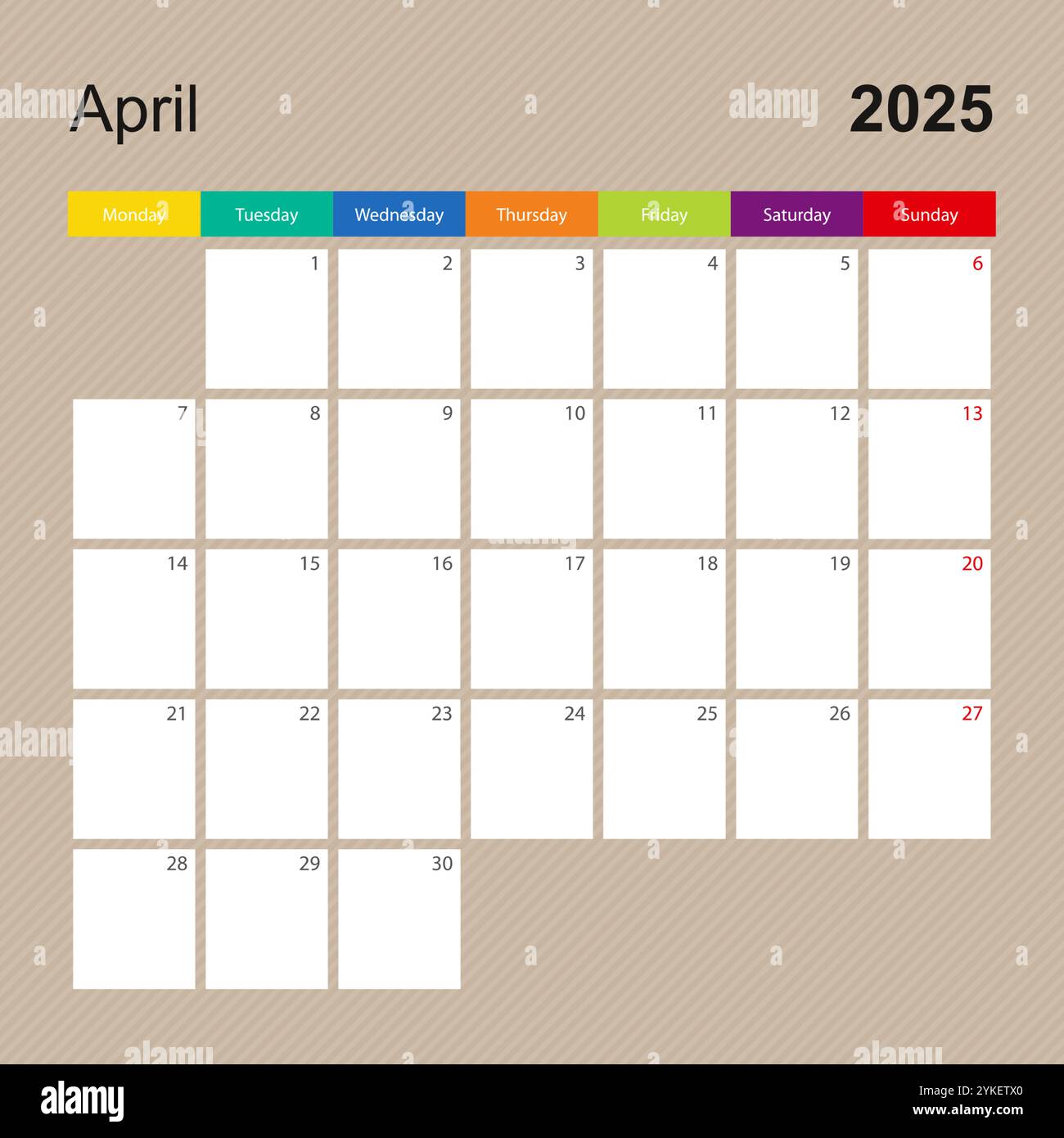 Calendar page for April 2025, wall planner with colorful design. Week ...
