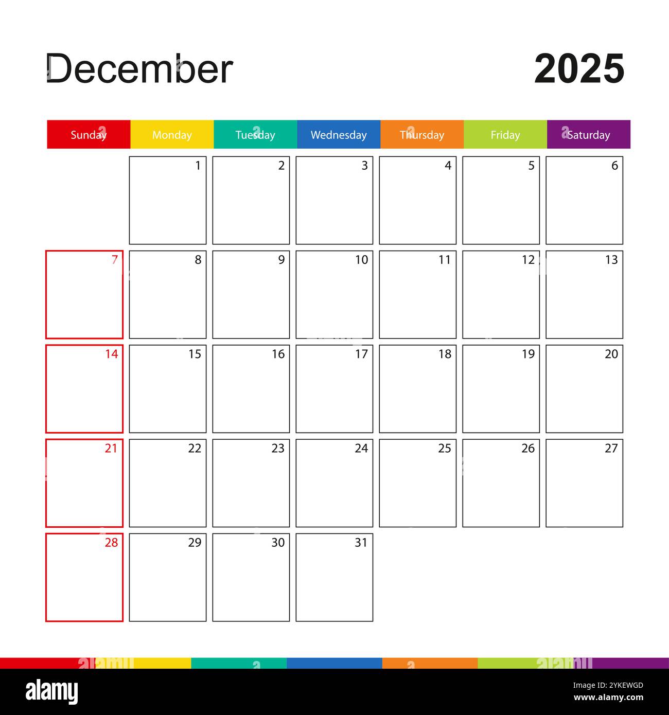 December 2025 colorful wall calendar, week starts on Sunday. 2025 ...