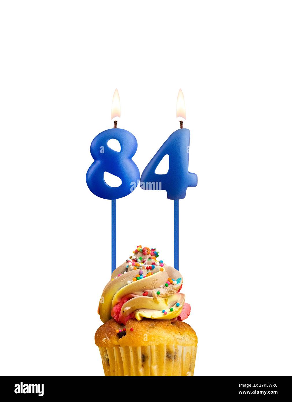 Candle in shape of the number 84 - Blue birthday on a white background ...