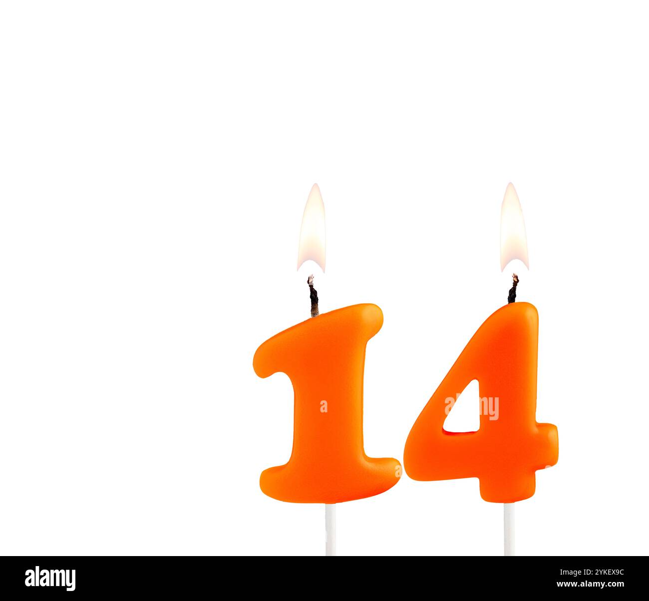 Orange birthday candle on white background - Number 14 Stock Photo - Alamy
