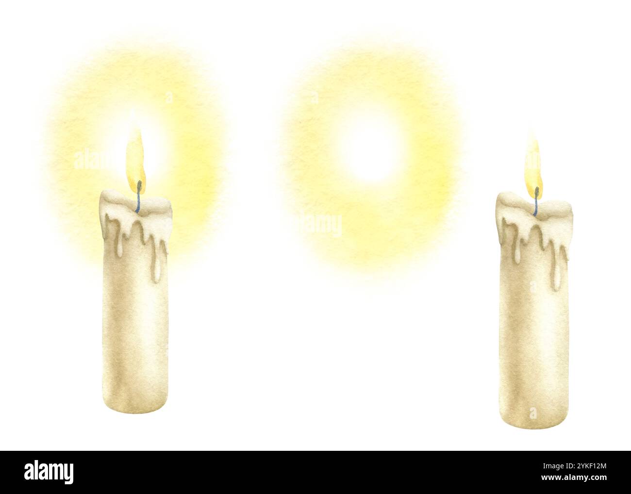Candle with burning flame with melted paraffin drips. Hand drawn ...