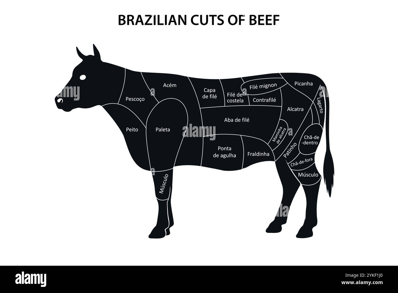 Visual diagram of Brazilian beef cuts, labeled on a cow silhouette ...