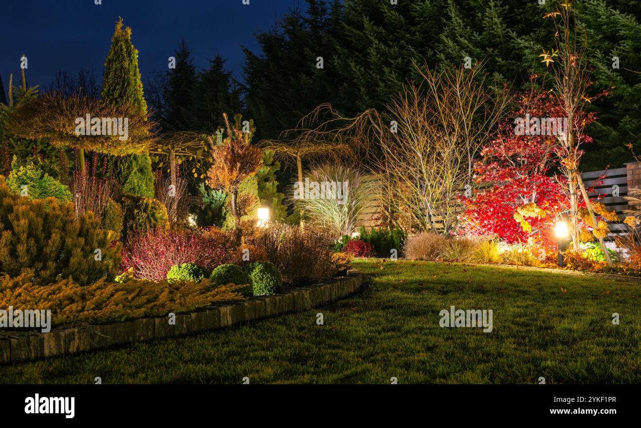 The garden is illuminated by soft led lights, highlighting colorful ...