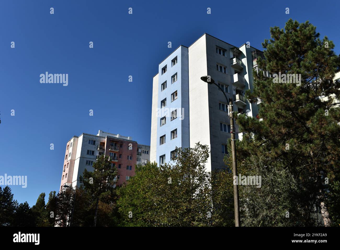 Suburban neighborhood built in communism. Post Soviet concrete flat of ...