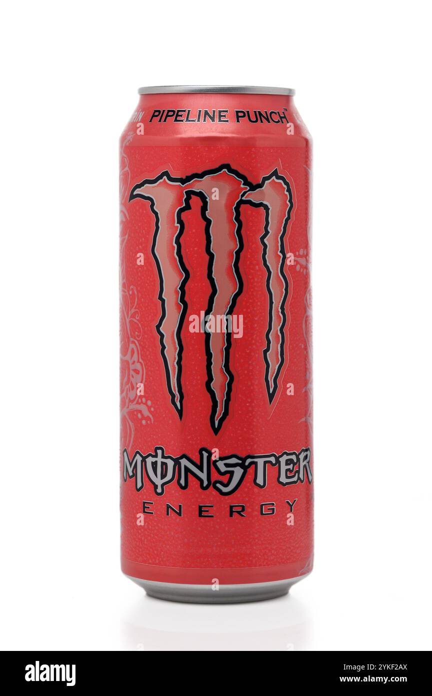 A striking energy drink can featuring bright colors and energetic ...