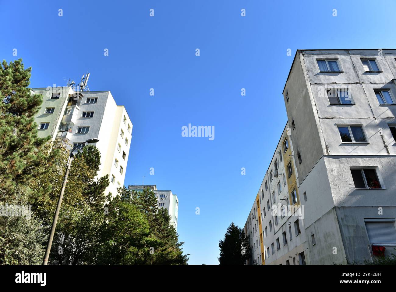 Typical facade of concrete panel building. Post Soviet flat of blocks ...